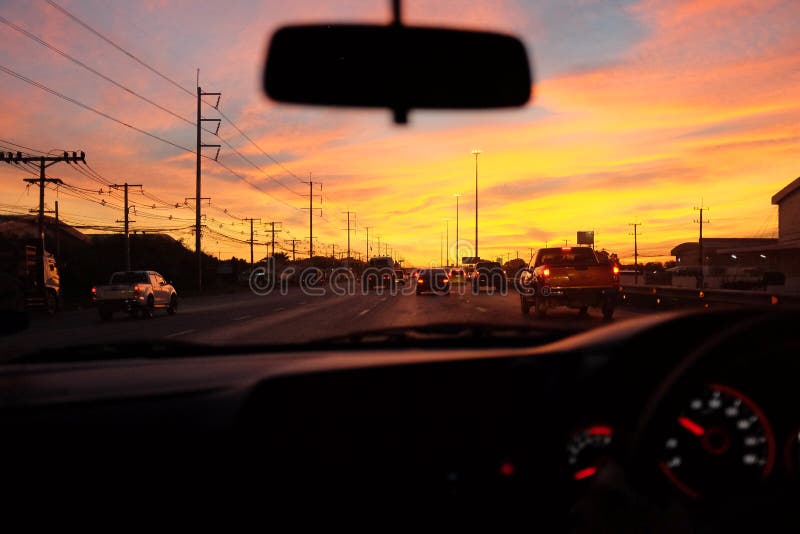 Background of Driving a Car on the Road at Sunrise Stock Photo - Image ...