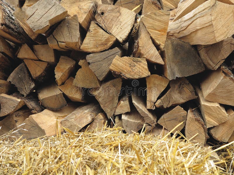 Background of Dry Chopped Firewood Logs and Hay Stock Image - Image of ...