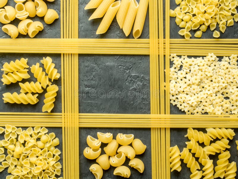 Background of Dry Italian Pasta Spaghetti, Fusilli and Macaroni Stock ...