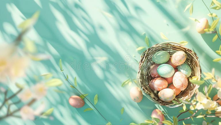 Easter Basket with Pink and Light Green Easter Eggs, on a Light Green ...