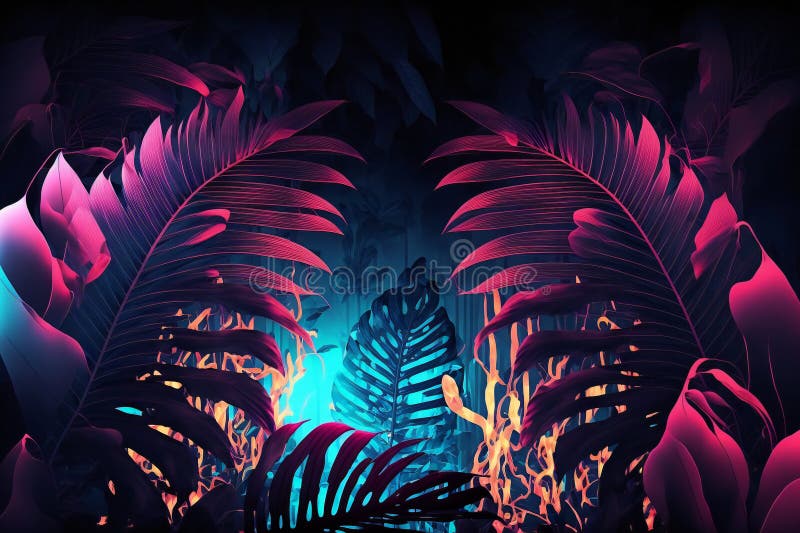 Background of Empty Dark Scenes with Neon Lights, Nature, Plants and ...