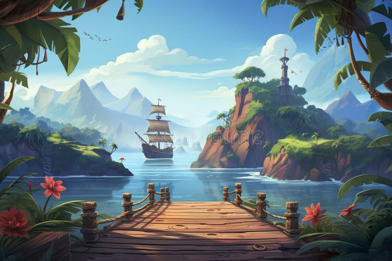 Background Environment of 2D Abstract Tropical Pirate Ship Deck for ...