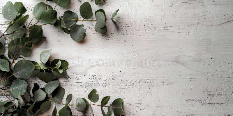 Eucalyptus Branches on Rustic White Wooden Background for Minimalist ...