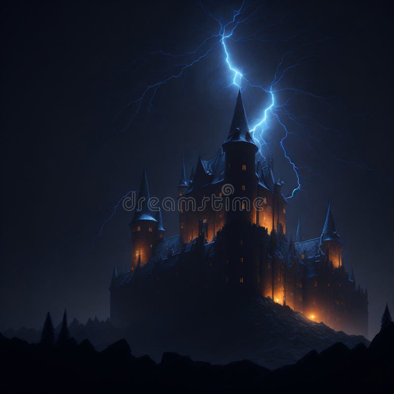 The Background of a Fantastic Castle and Lightning in the Night. Stock ...