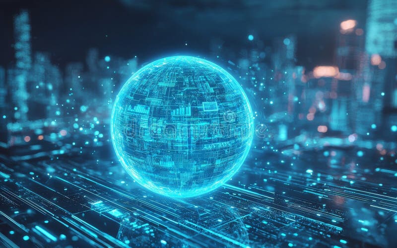 The Background Features a Globe and Digital Rays, Created with Computer ...