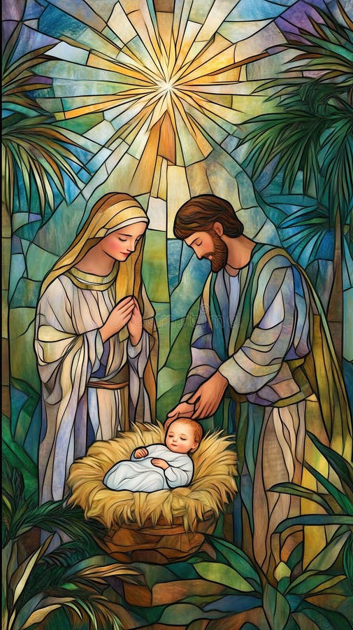 The Nativity Scene is Depicted in the Style of Stained Glass, with Mary ...
