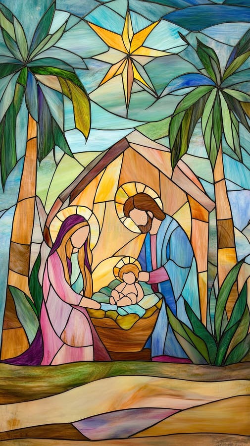 The Nativity Scene is Depicted in the Style of Stained Glass, with Mary ...