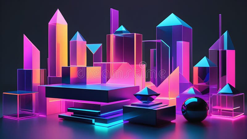 Layered Semi-Translucent 3D Geometric Shapes with Neon Gradients and ...