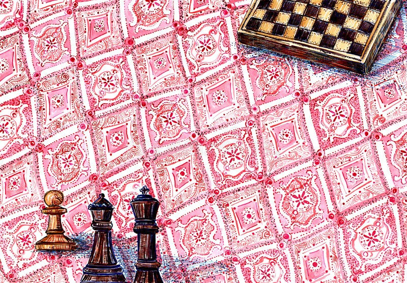 The Background is Filled with Pink Ornaments. Chess Pieces and a Board ...