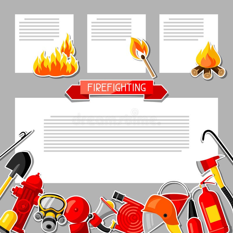 Background with Firefighting Sticker Items. Fire Protection Equipment ...
