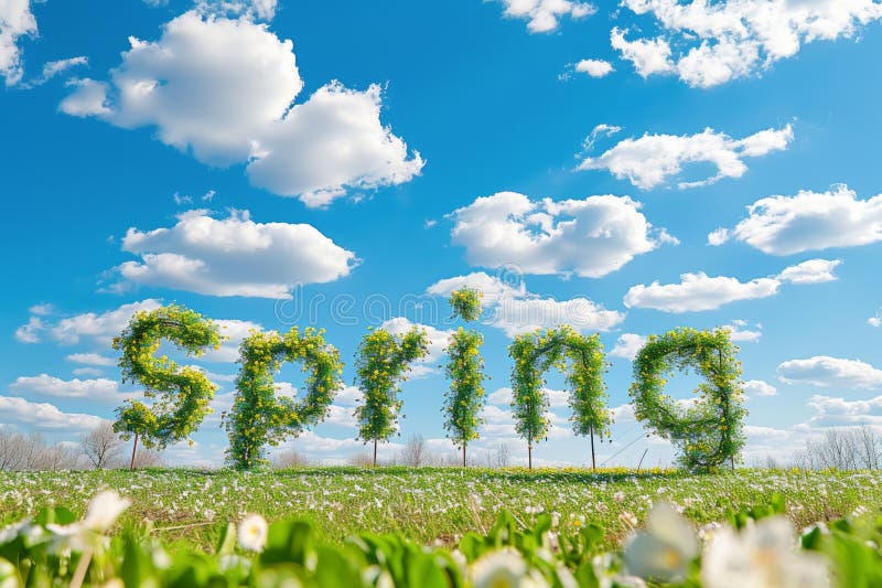 Background of a Flowery Field and Blue Sky with Clouds with the Word ...