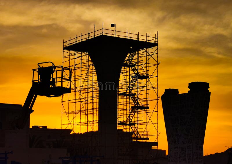 Background of a Flyover Bridge Construction Site in Qatar during Sunset ...
