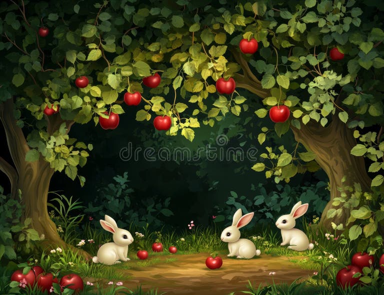 Background of a Forest with Three Cute Bunnies Playing Stock Photo ...