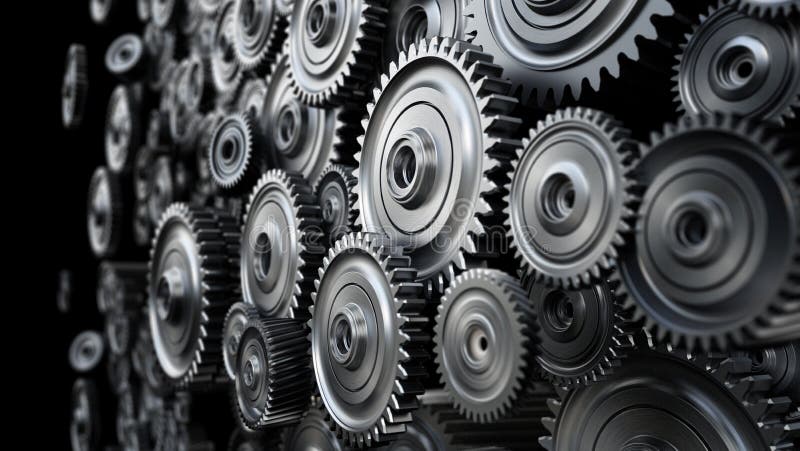 Background Formed with Group of 3D Steel Wheels in Motion. 3D ...