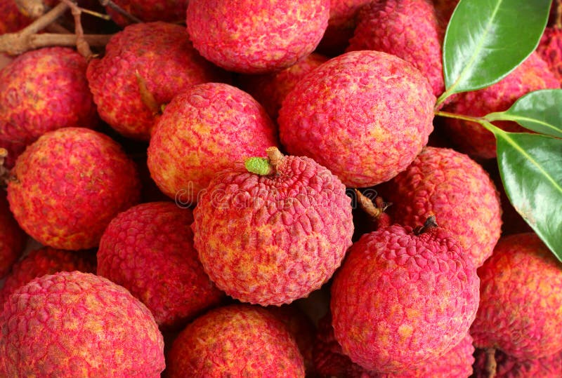 Background of Fresh Red Skin Lychee with Leaves Stock Photo - Image of ...
