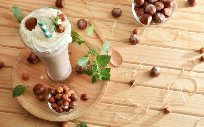 Background with Freshly Made Hazelnut Drink on a Rustic Table Stock ...