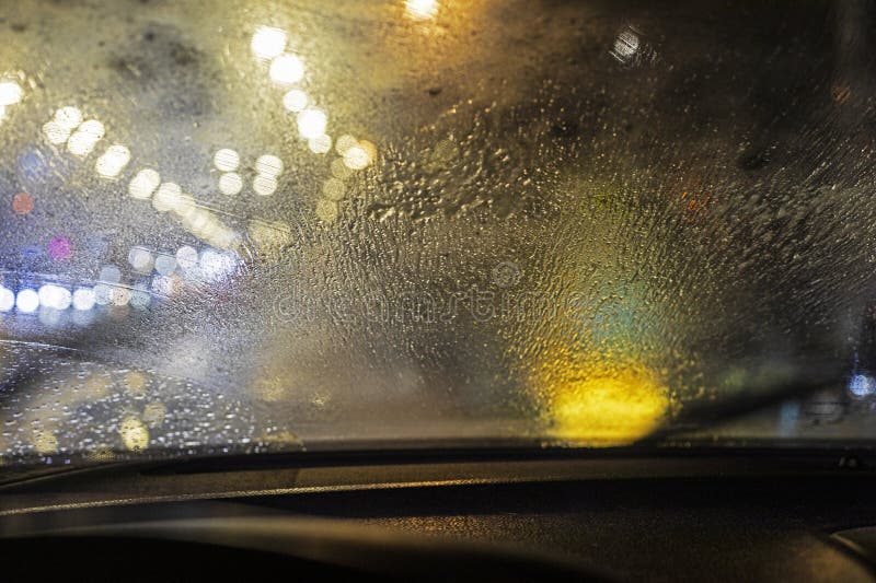 Background on the Front Fogged Car Window in the Rain in the Dark ...