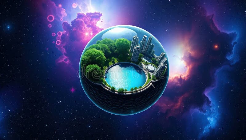 Tiny Spherical Planet Floating in Space, Featuring a Miniature ...