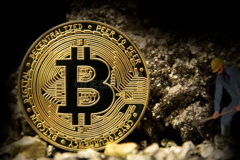 Background with a Golden Bitcoin in the Mien with a Worker Digging ...