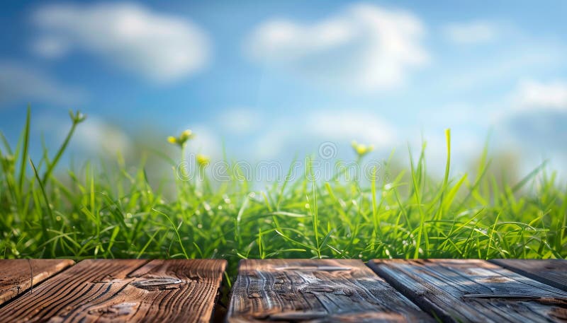 Background of Green Grass and Blue Sky on a Wood Table Stock ...
