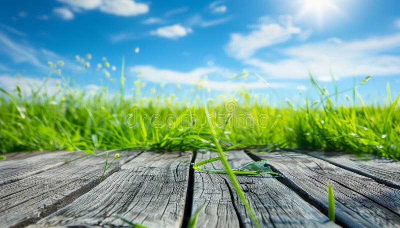 Background of Green Grass and Blue Sky on a Wood Table Stock ...