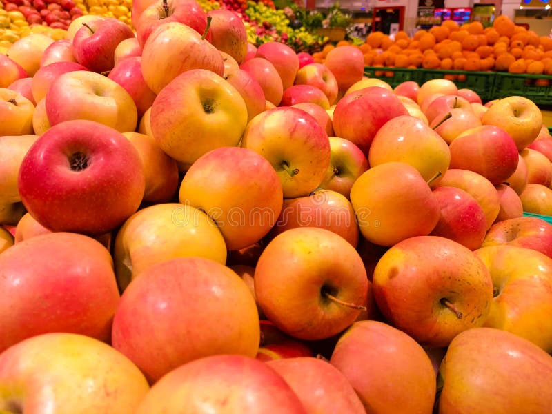 Background from a Group of Red Apples on a Counter at the Market Stock ...