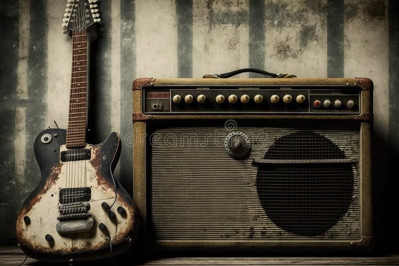 Background of Grunge and an Electric Guitar with an Old Amplifier Stock ...