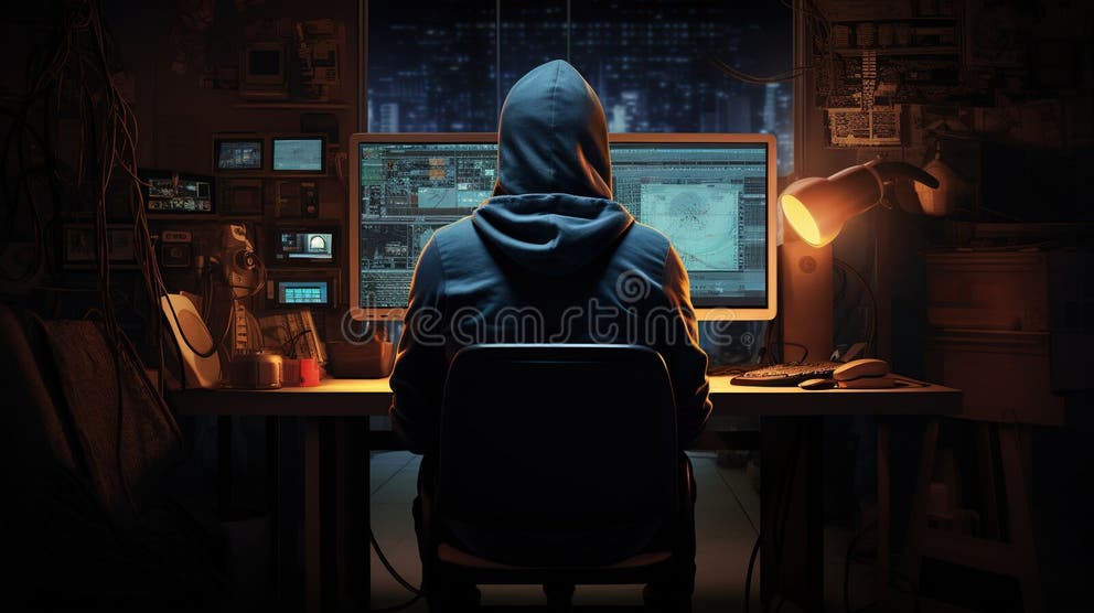 Background of the Hacker with Two Monitors and Modern Technologies ...