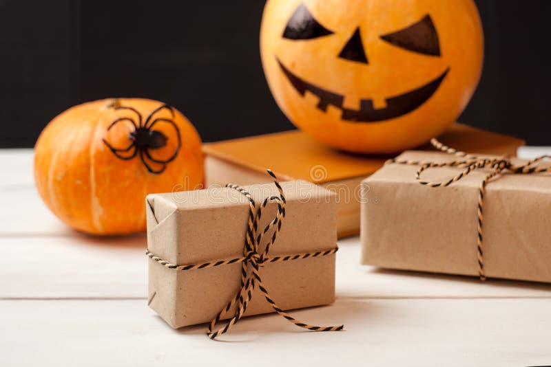 Background with Halloween Decoration on White Wooden Table. Festive ...