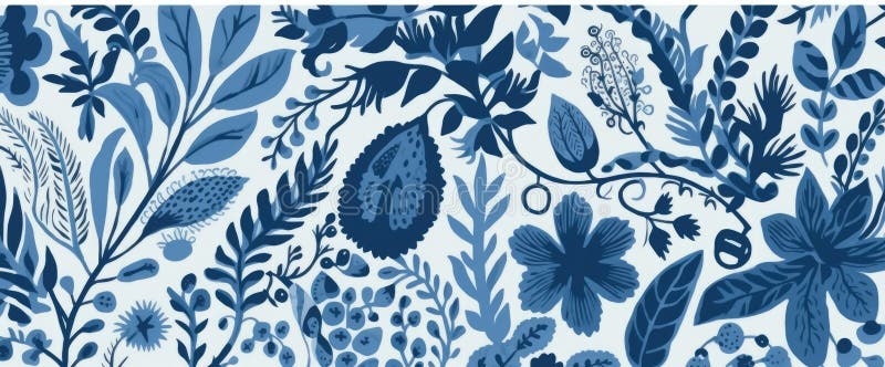 A Background of a Hand-drawn Floral Pattern in White and Blue Colors ...