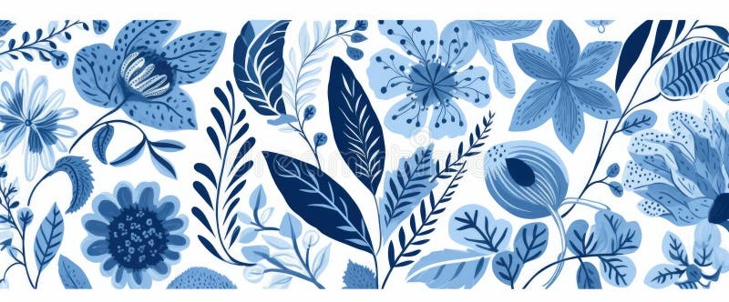 A Background of a Hand-drawn Floral Pattern in White and Blue Colors ...