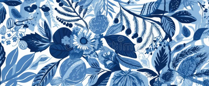 A Background of a Hand-drawn Floral Pattern in White and Blue Colors ...
