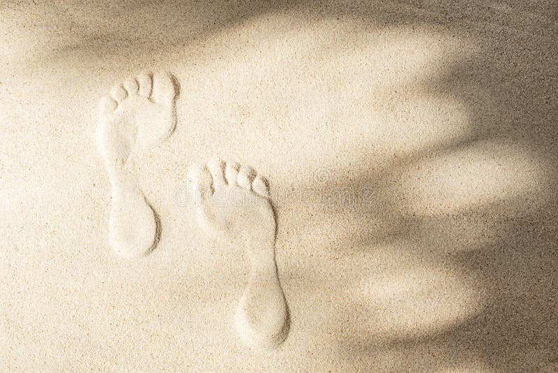 Background of Human Footprint on White Clean Sand with Dark Shadows ...