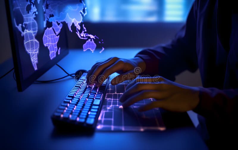 Hand Typing on a Keyboard with World Map in the Background Stock ...