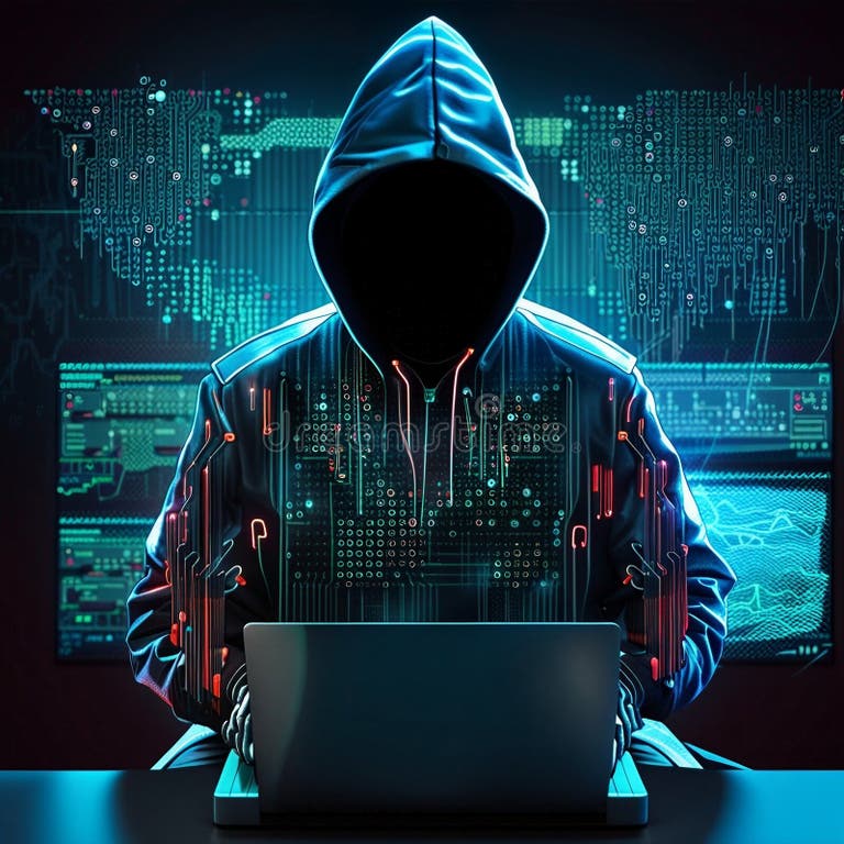Background Illustration of a Hacker Wearing a Hoodie in Front of a Computer Stock Illustration ...