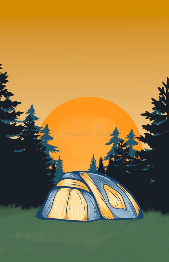 Background Illustration of a Sunset View with a Tent in the Middle of ...