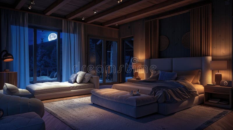 Background Image of Cozy Modern Bedroom with Moonlit Window, Large Bed ...