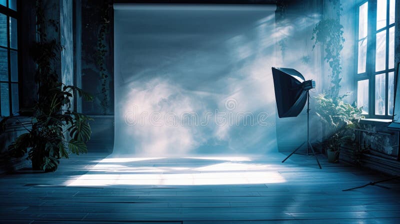 Background Image of Empty Studio Setup with a Light Backdrop and Plants ...