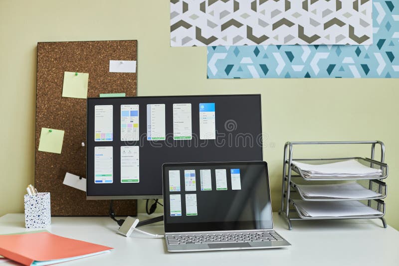 Background Image of Home Office Setup with Pastel Yellow Wall Stock ...