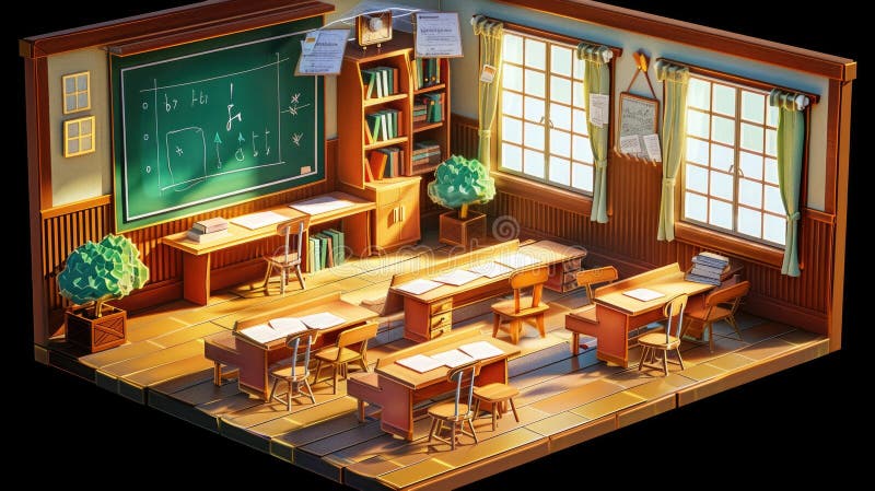 Background Image of Isometric View of a Classroom with Desks and Chair ...