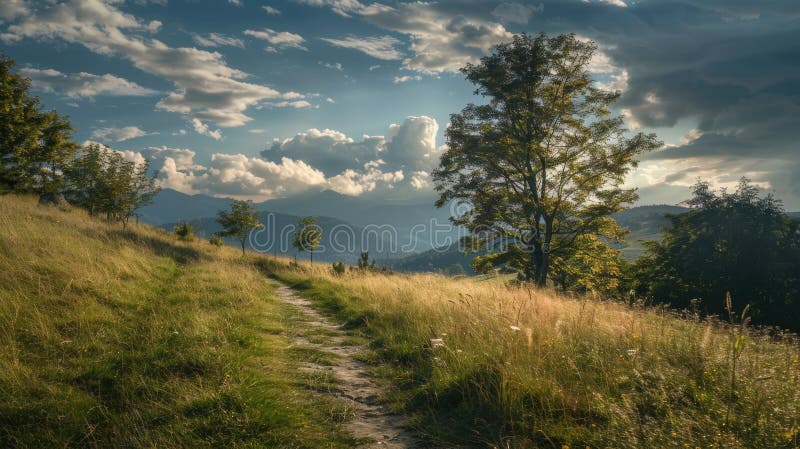 Background Image of Mountain with Pathway on Green Grass and Blue Sky ...