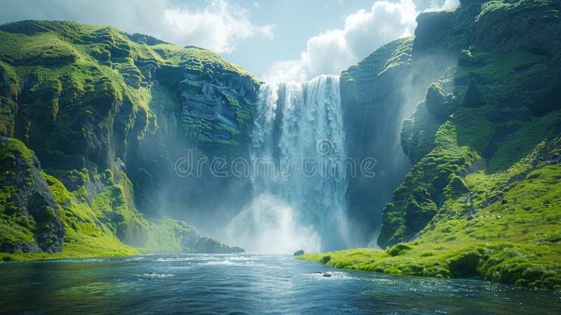 Background Image of Mystical Waterfall with Light Piercing through Lush ...
