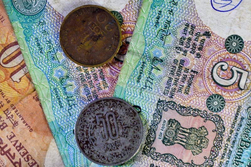 Background Image of Old Indian Currency Notes and Coins Stock Image ...