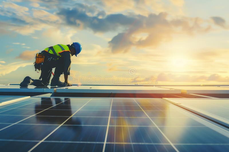 Background Image of an Operator Working on Installing Solar Panels on a ...