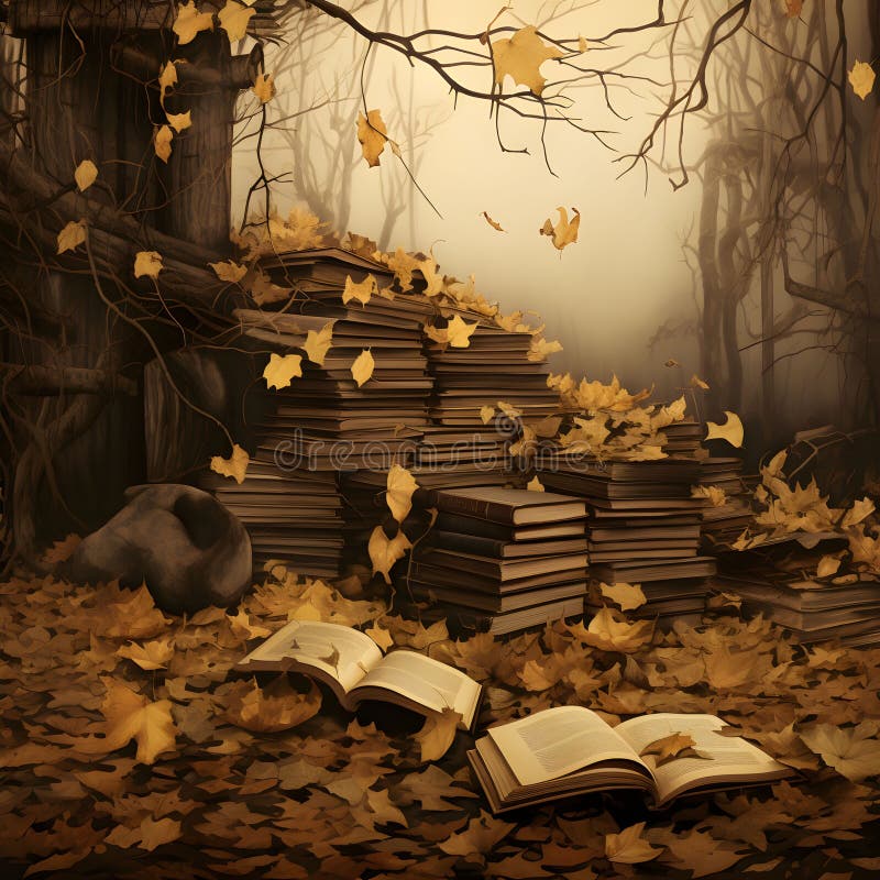 Stack of Books in the Forest in Autumn. - 1 Stock Illustration ...