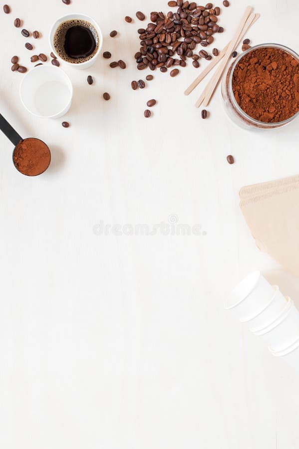 Background with Ingredients for Coffee and Paper Cups on the White ...