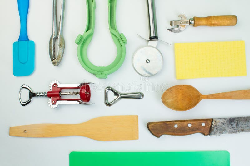 Background of Kitchen Utensils on White Wooden Kitchen Table. Tools ...