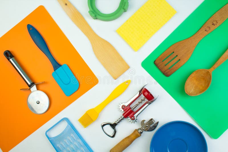 Background of Kitchen Utensils on White Wooden Kitchen Table. Tools ...