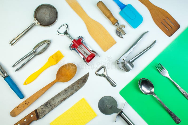 Background of Kitchen Utensils on White Wooden Kitchen Table. Tools ...