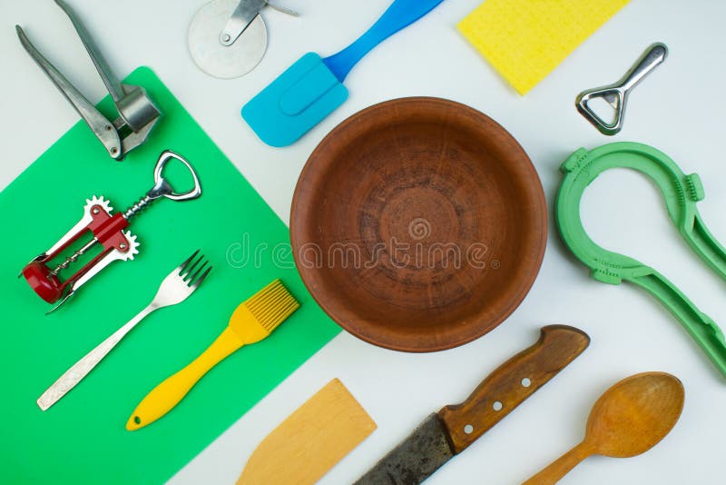 Background of Kitchen Utensils on White Wooden Kitchen Table. Tools ...